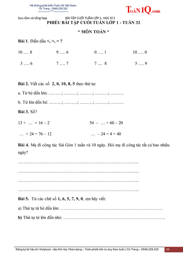 BÀI TẬP CUỐI TUẦN LỚP 1 - HK2 - MÔN TOÁN | DOC