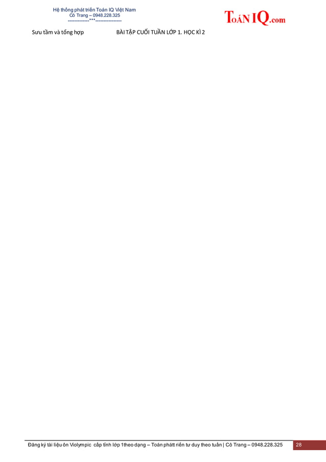 BÀI TẬP CUỐI TUẦN LỚP 1 - HK2 - MÔN TOÁN | DOC