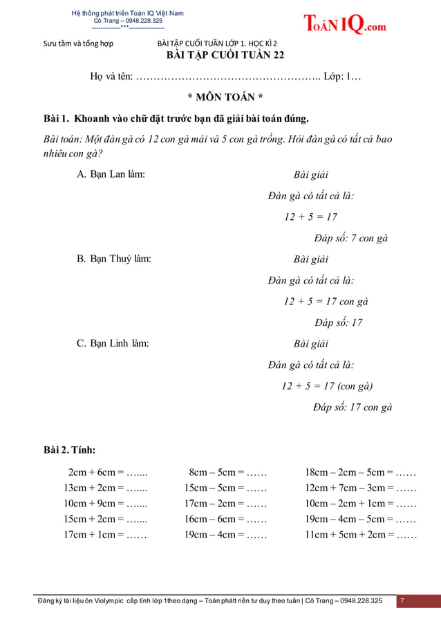 BÀI TẬP CUỐI TUẦN LỚP 1 - HK2 - MÔN TOÁN | DOC