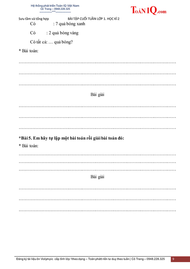 BÀI TẬP CUỐI TUẦN LỚP 1 - HK2 - MÔN TOÁN | DOC