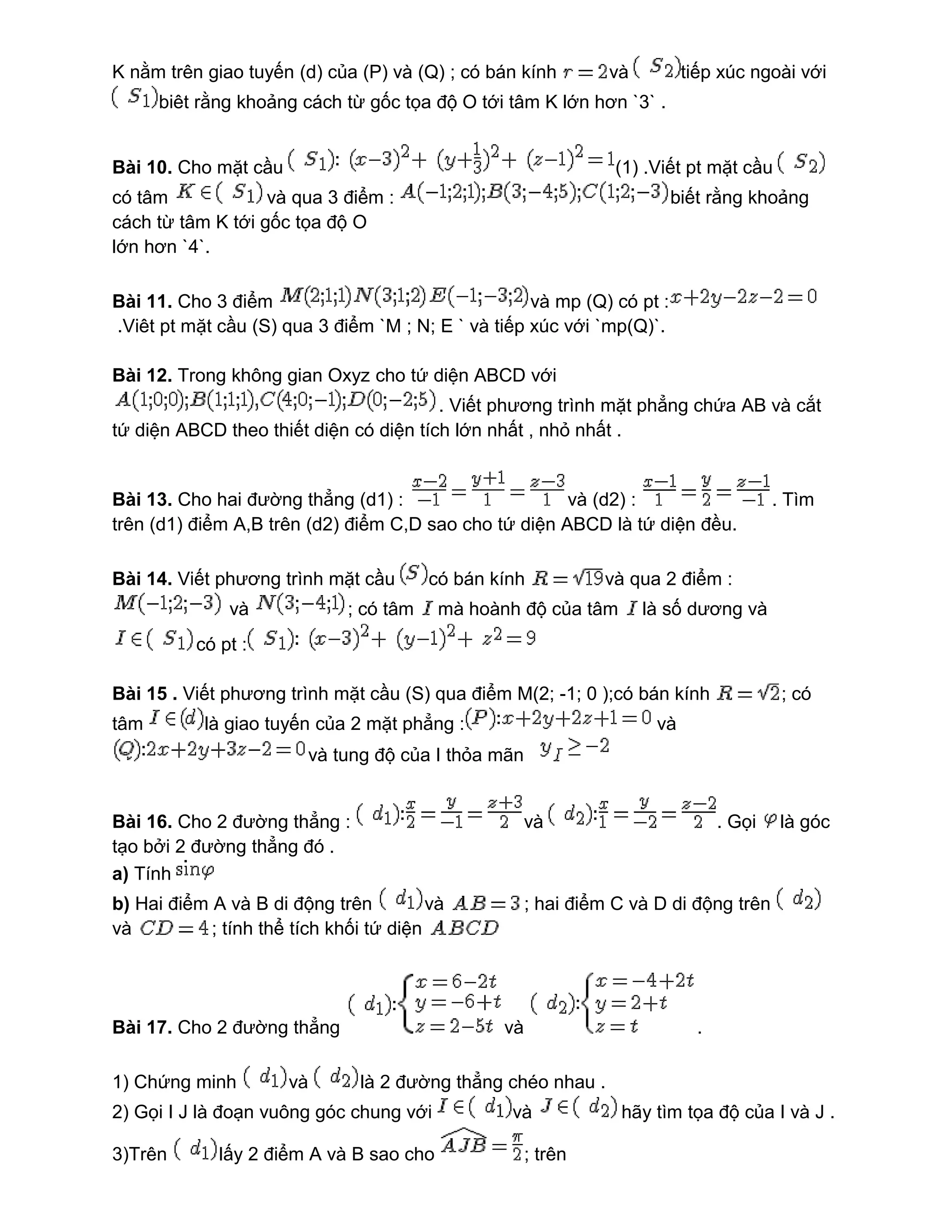 Bai tap hinh hoc giai tich trong khong gian | DOC