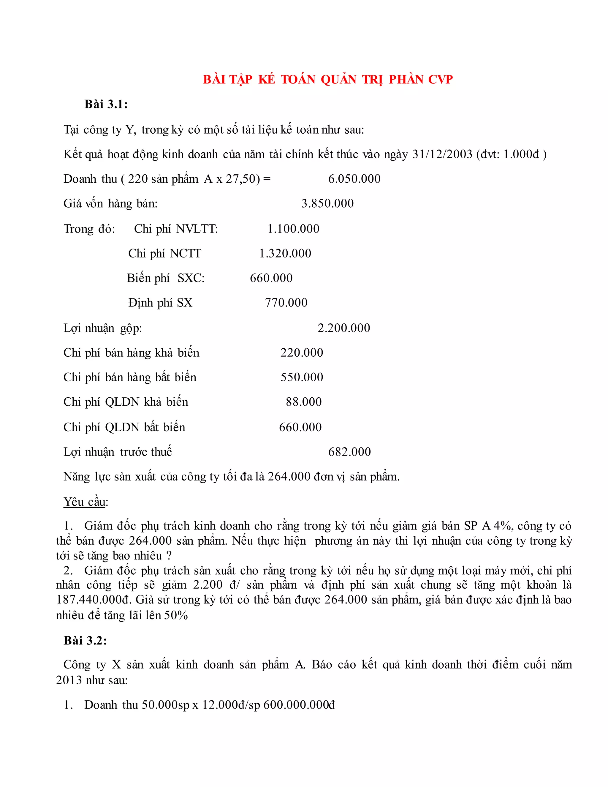 Bài tập kế toán quản trị phần CVP | DOCX
