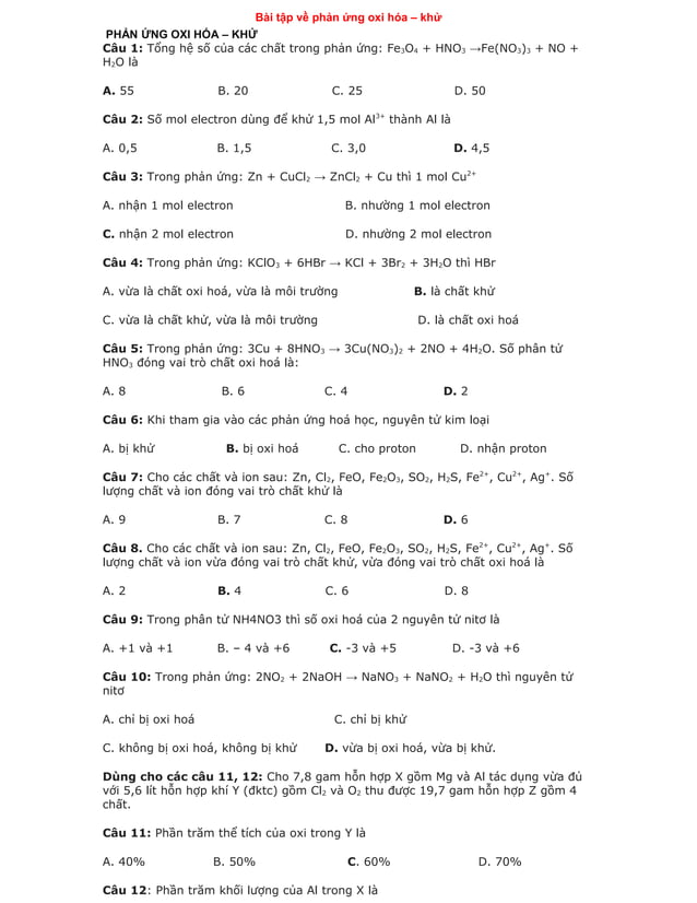 Bai tap phan ung oxi hoa lop 10 | PDF