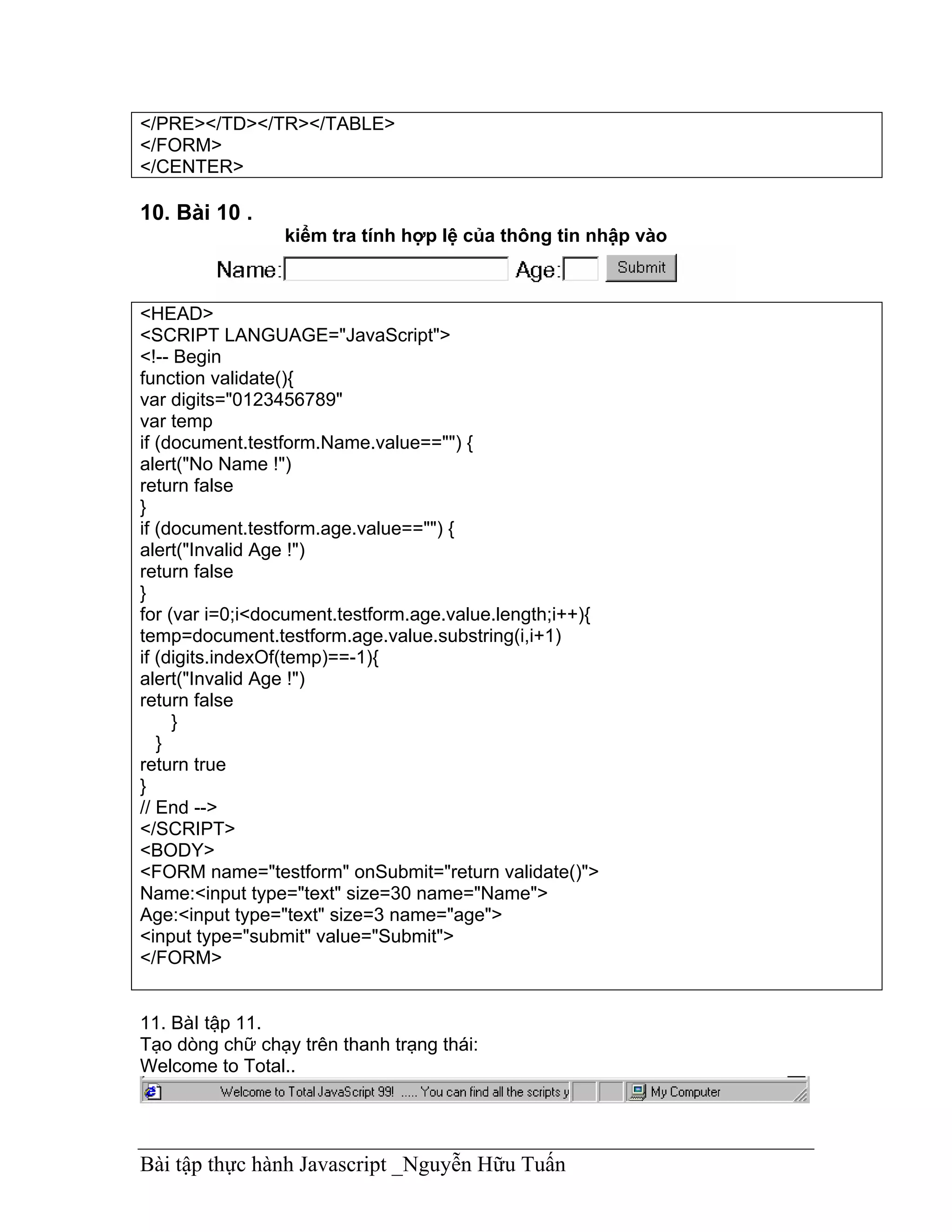 Bai tap thuc hanh javascript | PDF