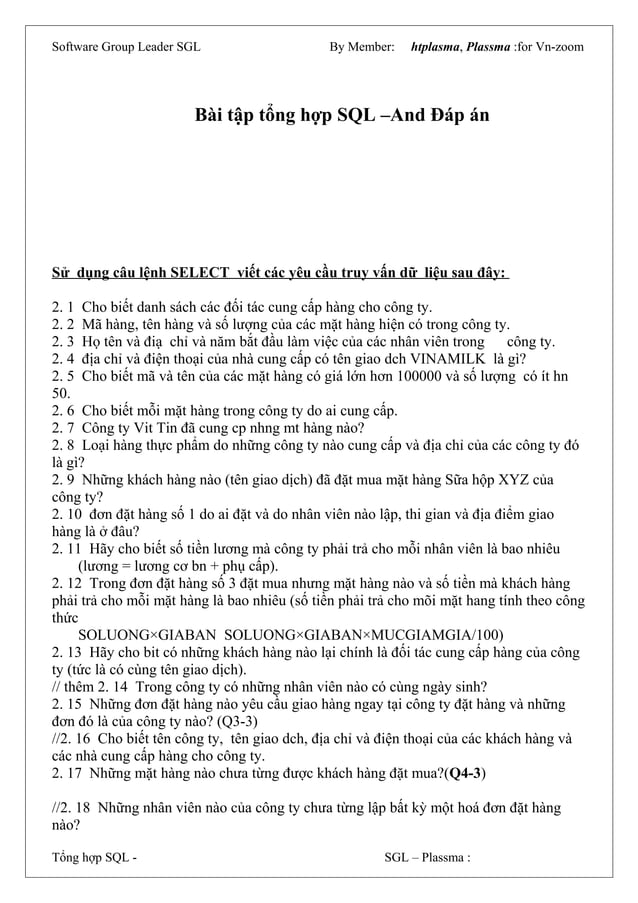 Bai tap va loi giai sql | PDF