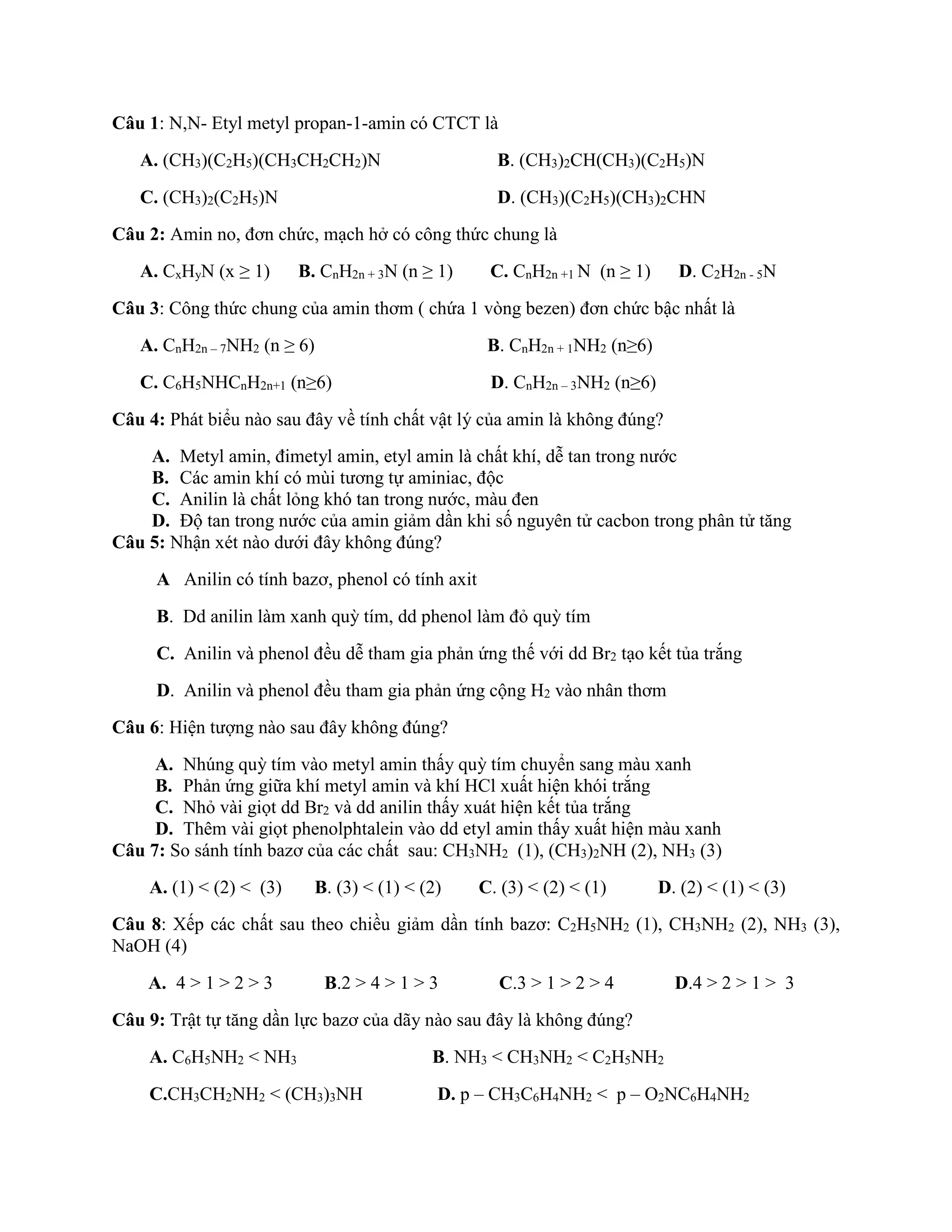 BÀI TẬP AMIN TỔNG HỢP ĐỀ ĐẠI HỌC | PDF