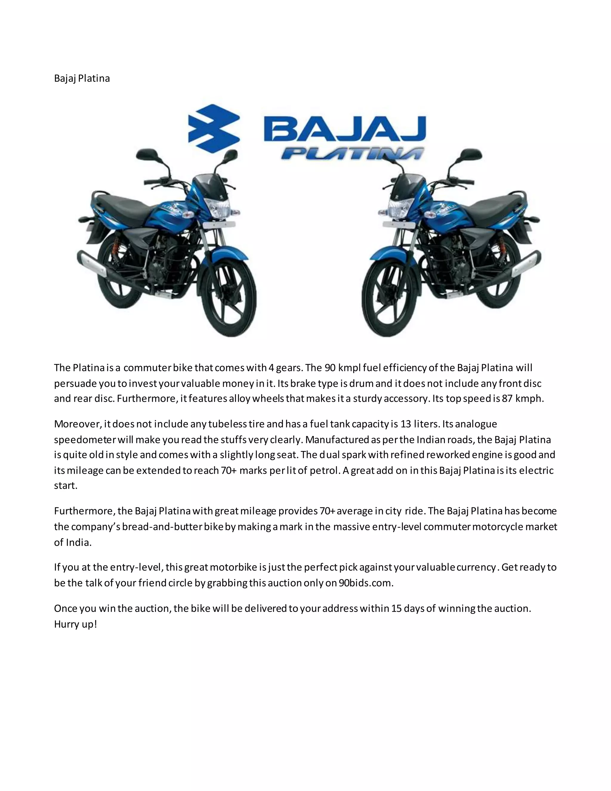 Bajaj platina | DOCX | Motorcycle Sports | Auto Racing
