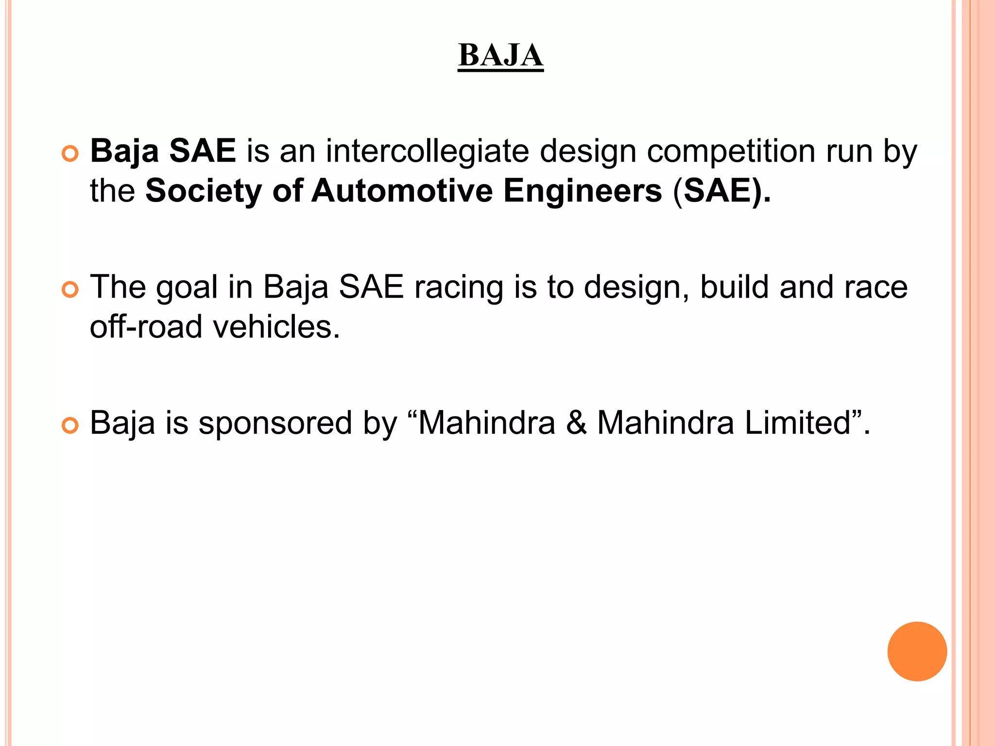 Baja vehicle chasis design & analysis | PPTX