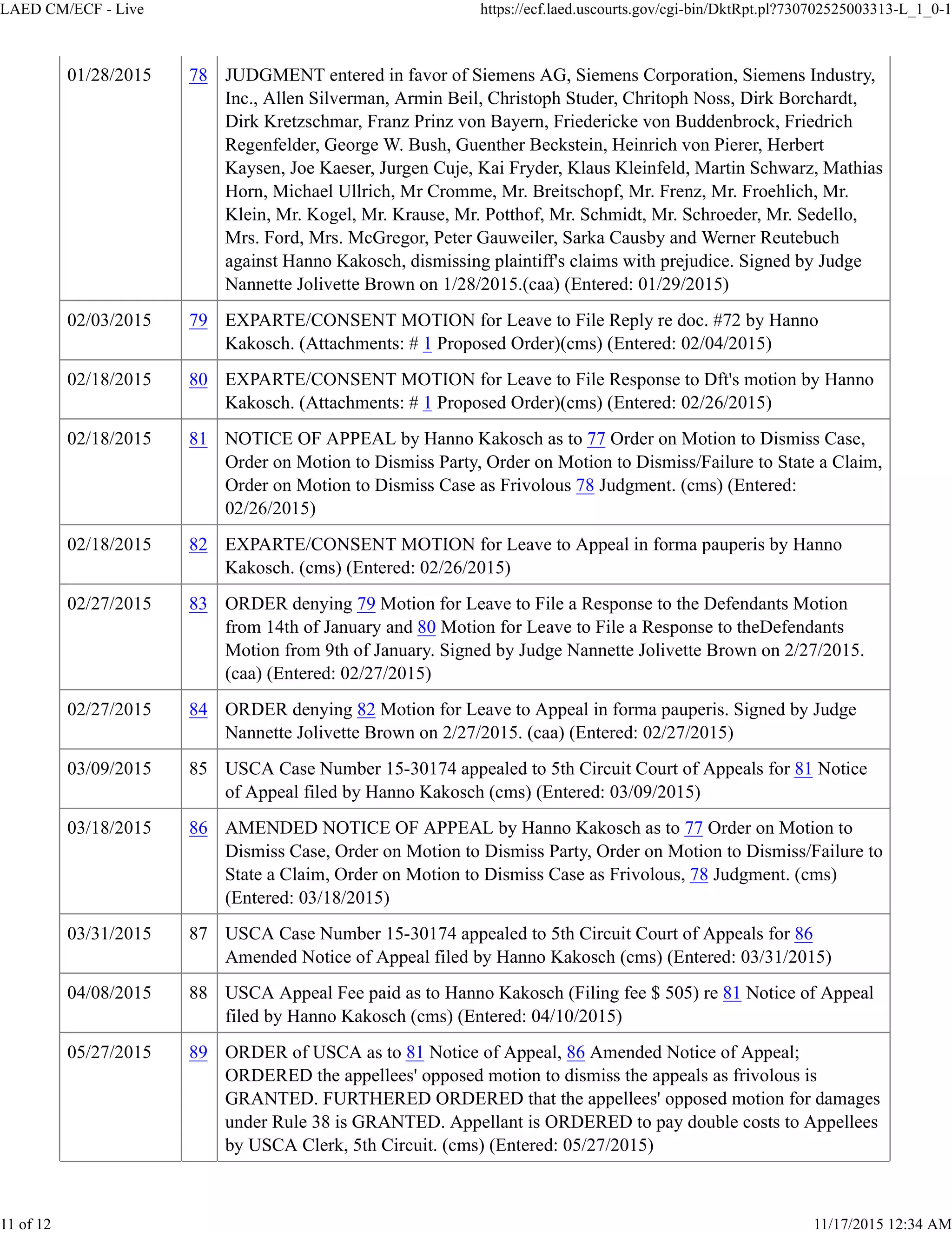 BAKER DONELSON - KAKOSCH vs SIEMENS CORPORATION (Docket Sheet) | PDF