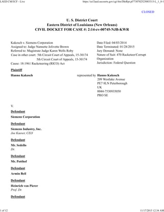 BAKER DONELSON - KAKOSCH vs SIEMENS CORPORATION (Docket Sheet) | PDF