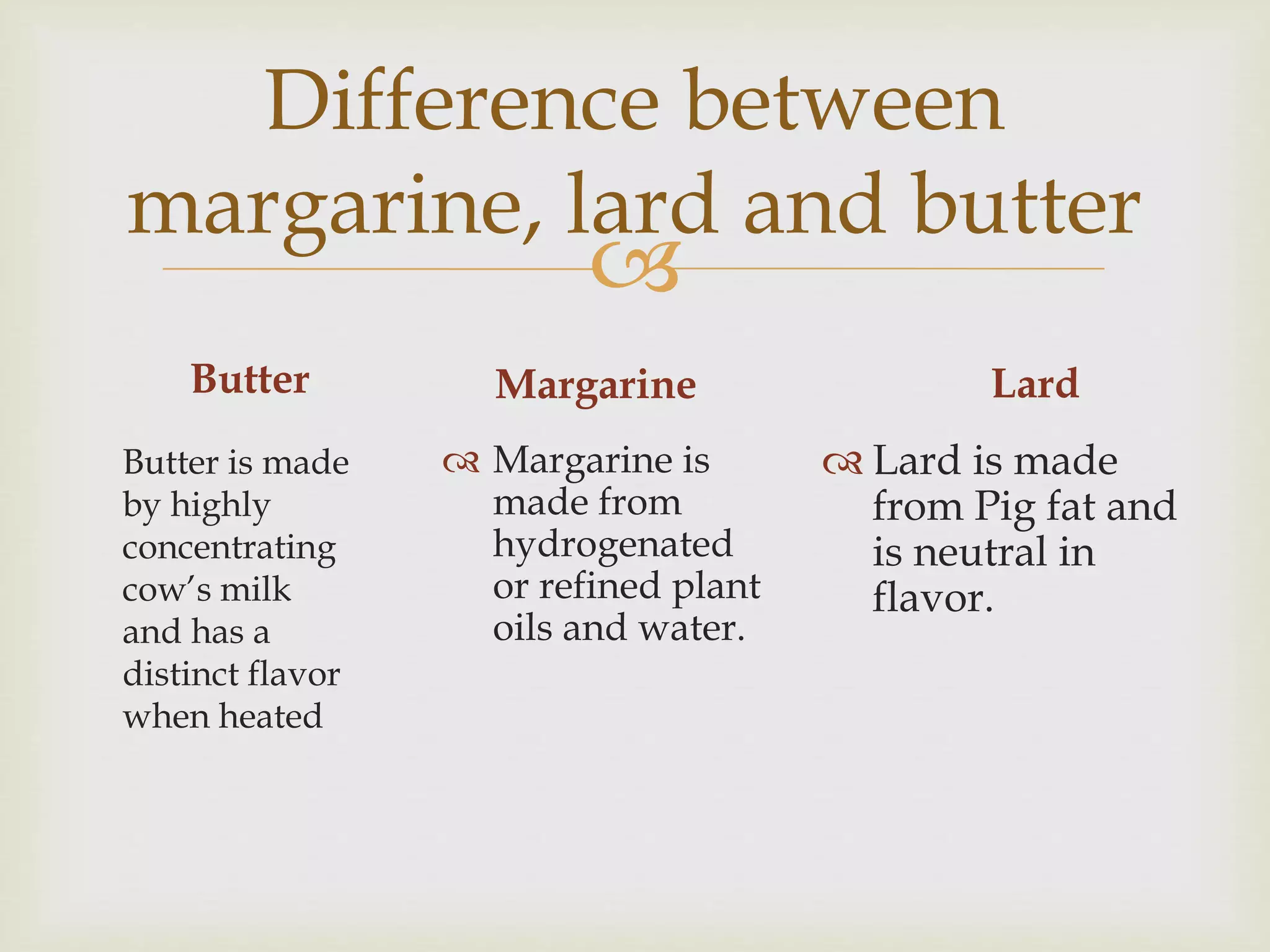 butter, margarine and lard- comparison | PPTX