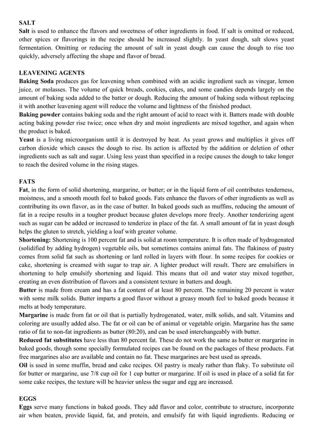Baking ingredients and their functions | PDF | Chemistry | Science