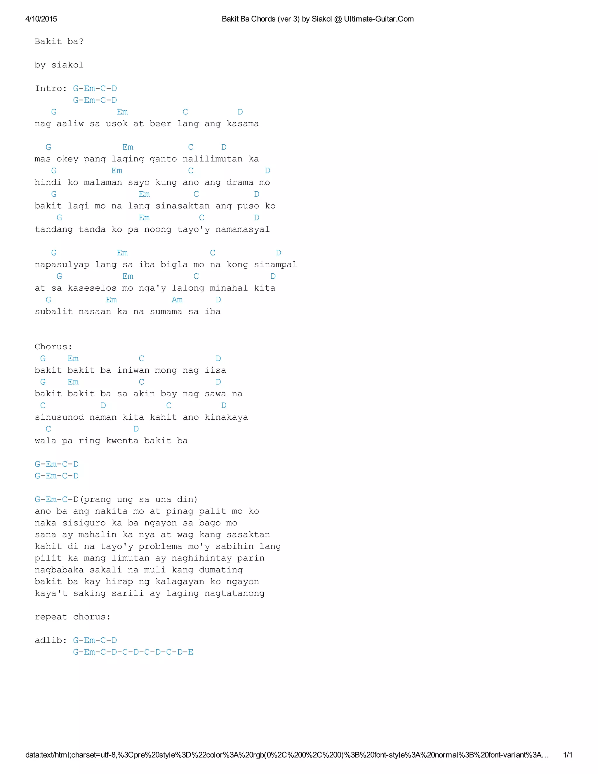 Bakit ba chords (ver 3) by siakol @ ultimate guitar | PDF