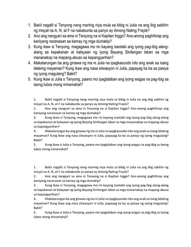 Bakit nagalit si Tenyong nang marinig niya mula sa bibig ni Julia na ...