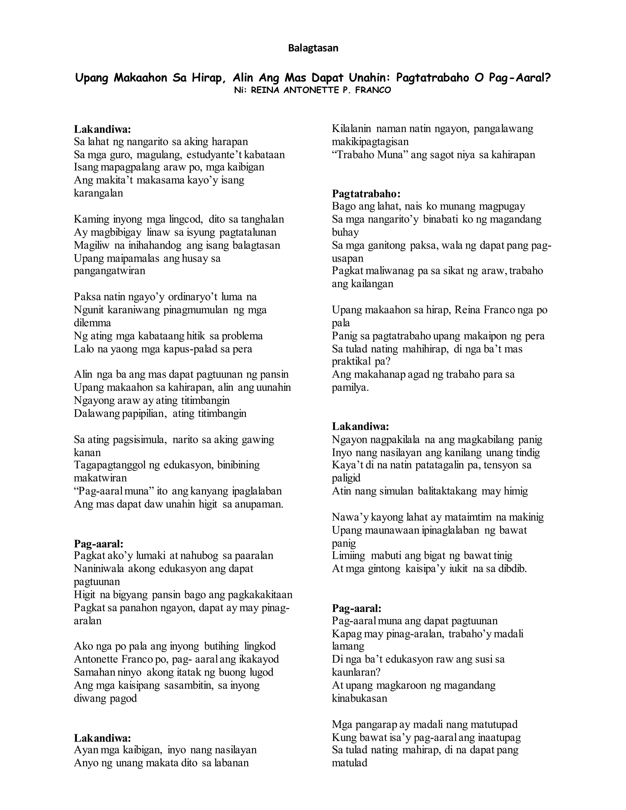 ALIN ANG MAS DAPAT UNAHIN: TRABAHO O PAG-AARAL | DOCX