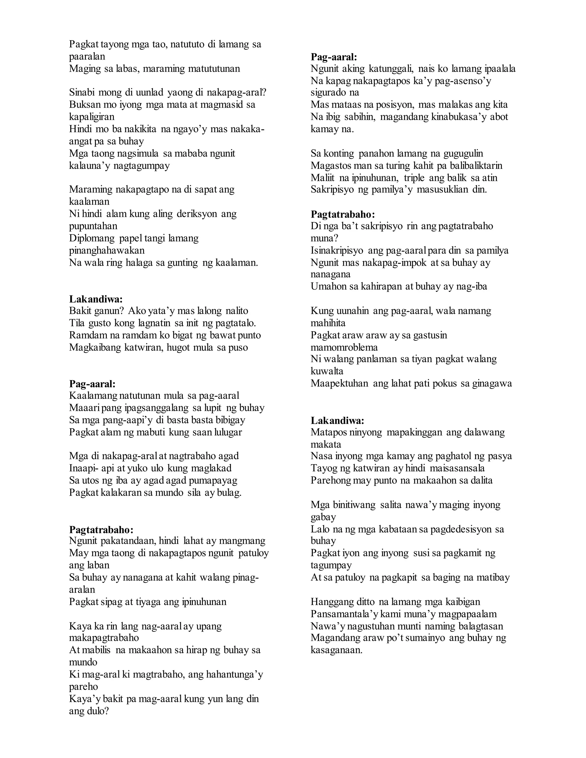 ALIN ANG MAS DAPAT UNAHIN: TRABAHO O PAG-AARAL | DOCX