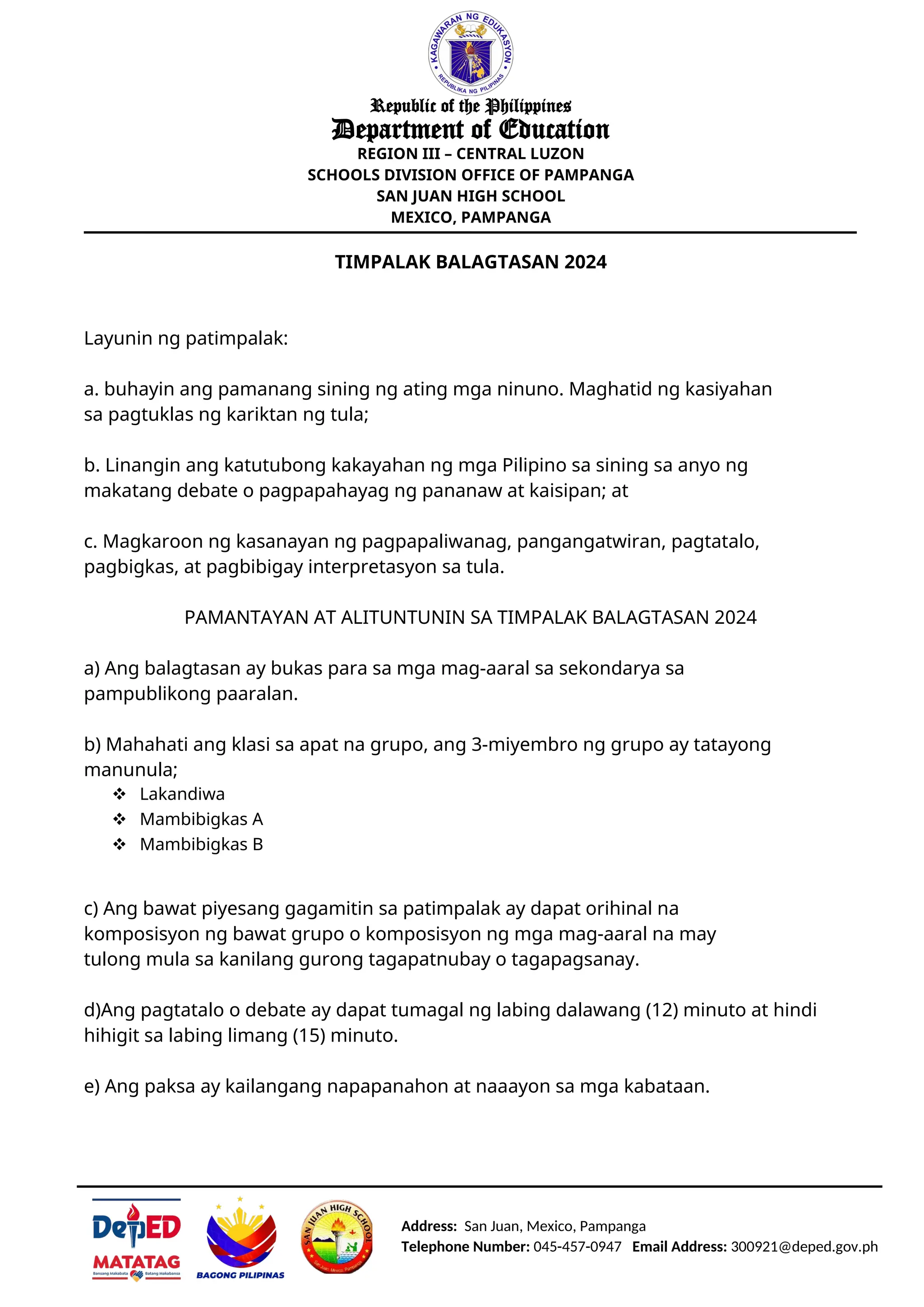 Pamantayan sa pagsasawa at pagpapagawa ng Balagtasan | DOCX
