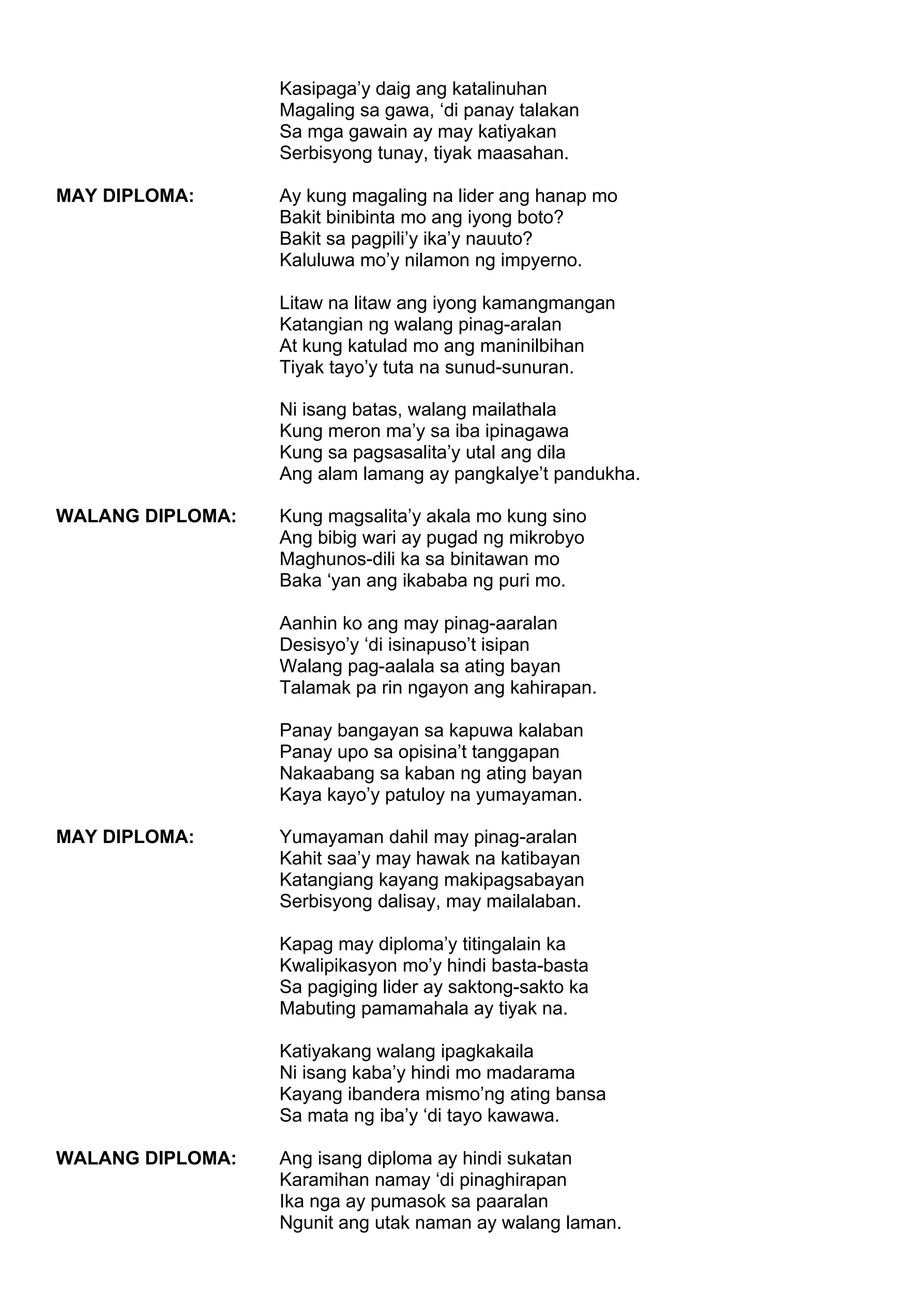 Magaling na Lider: May Diploma o Walang Diploma (Balagtsan) | DOCX