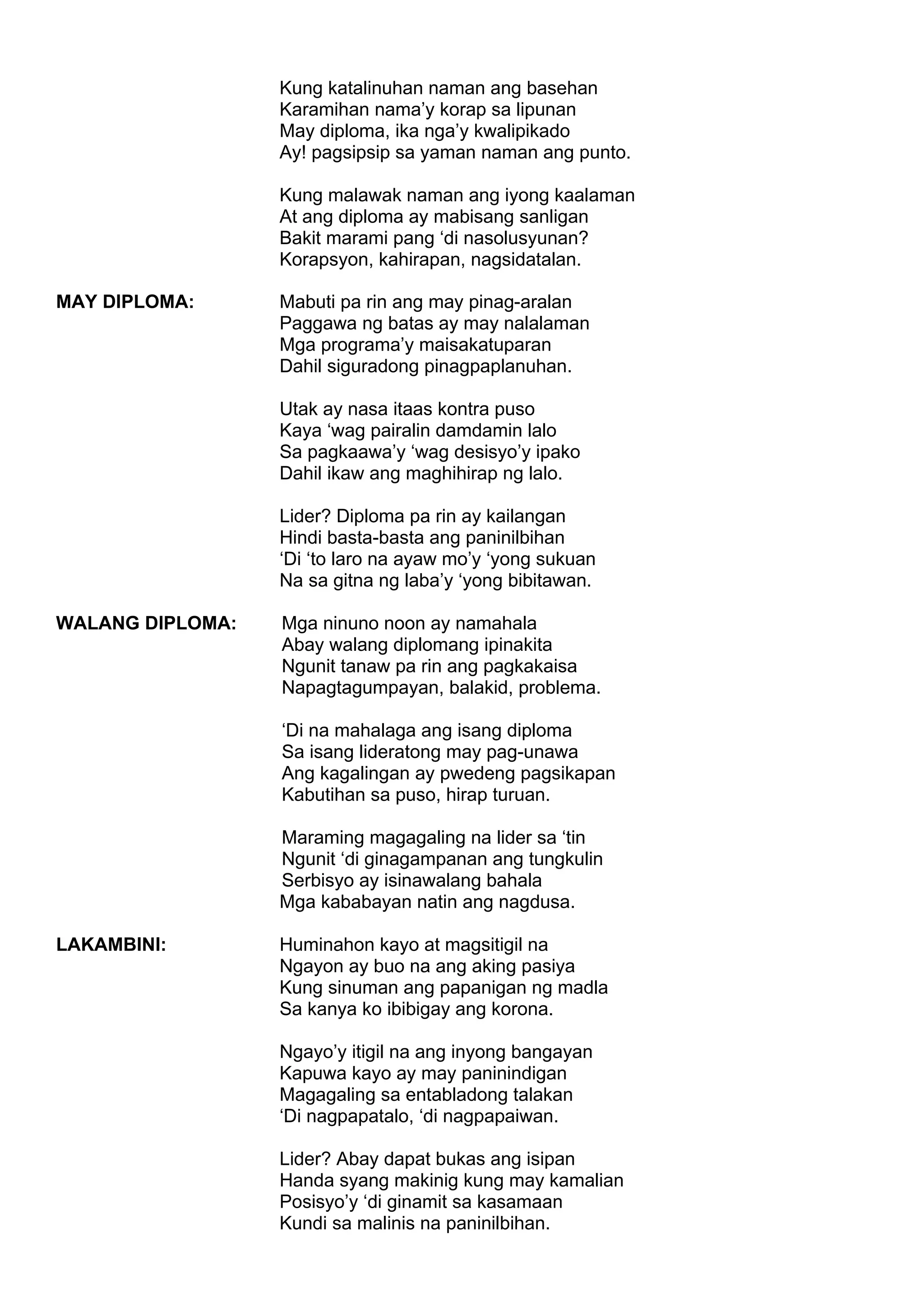 Magaling na Lider: May Diploma o Walang Diploma (Balagtsan) | DOCX