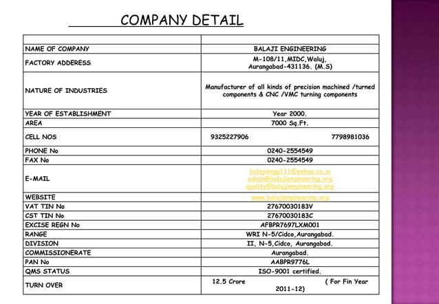 Balaji engineering profile presentation | PPTX | Manufacturing Industry | Industries