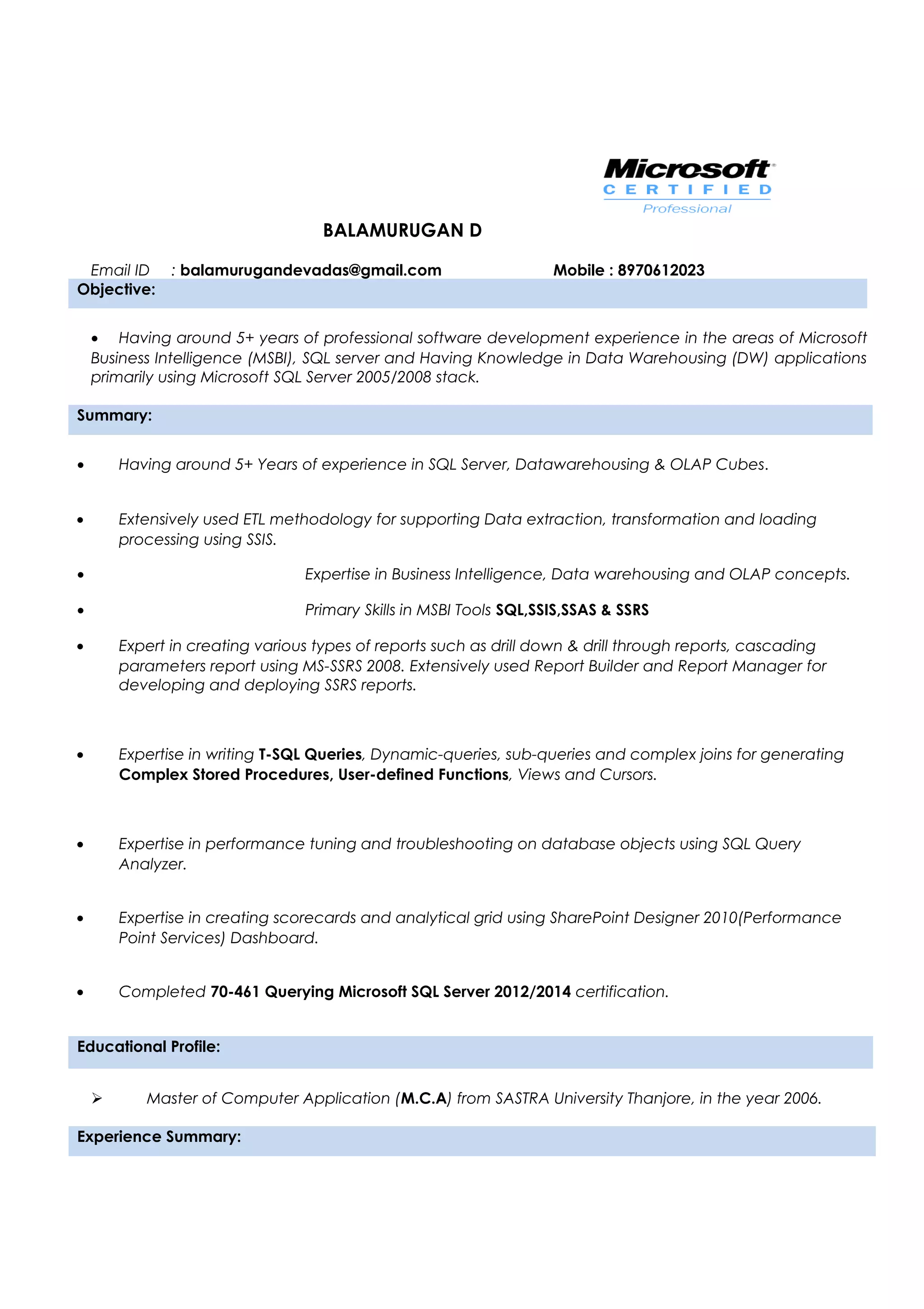 Balamurugan msbi cv | DOC | Databases | Computer Software and Applications