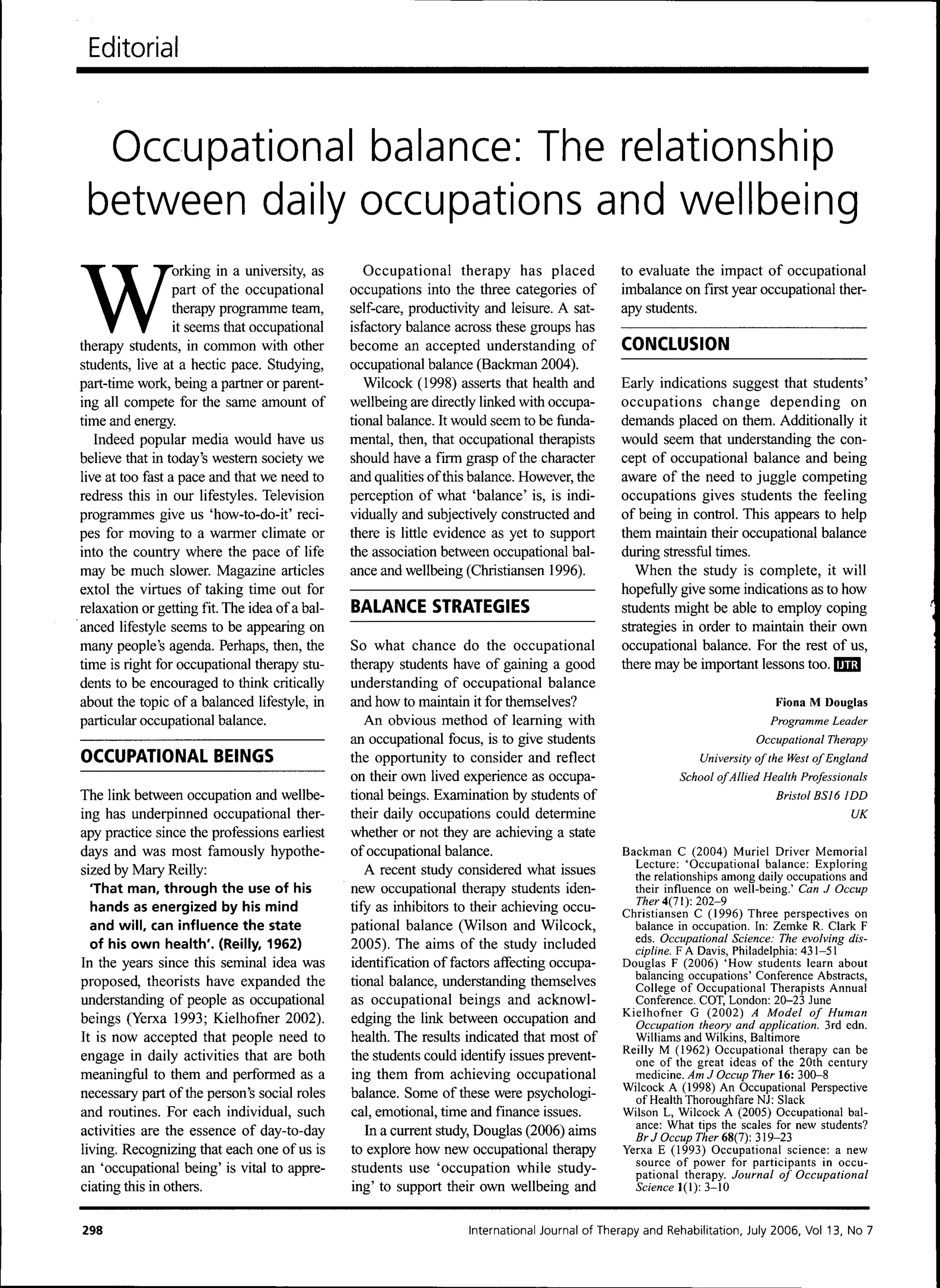 Occupational balance: The relationship between daily occupations and ...