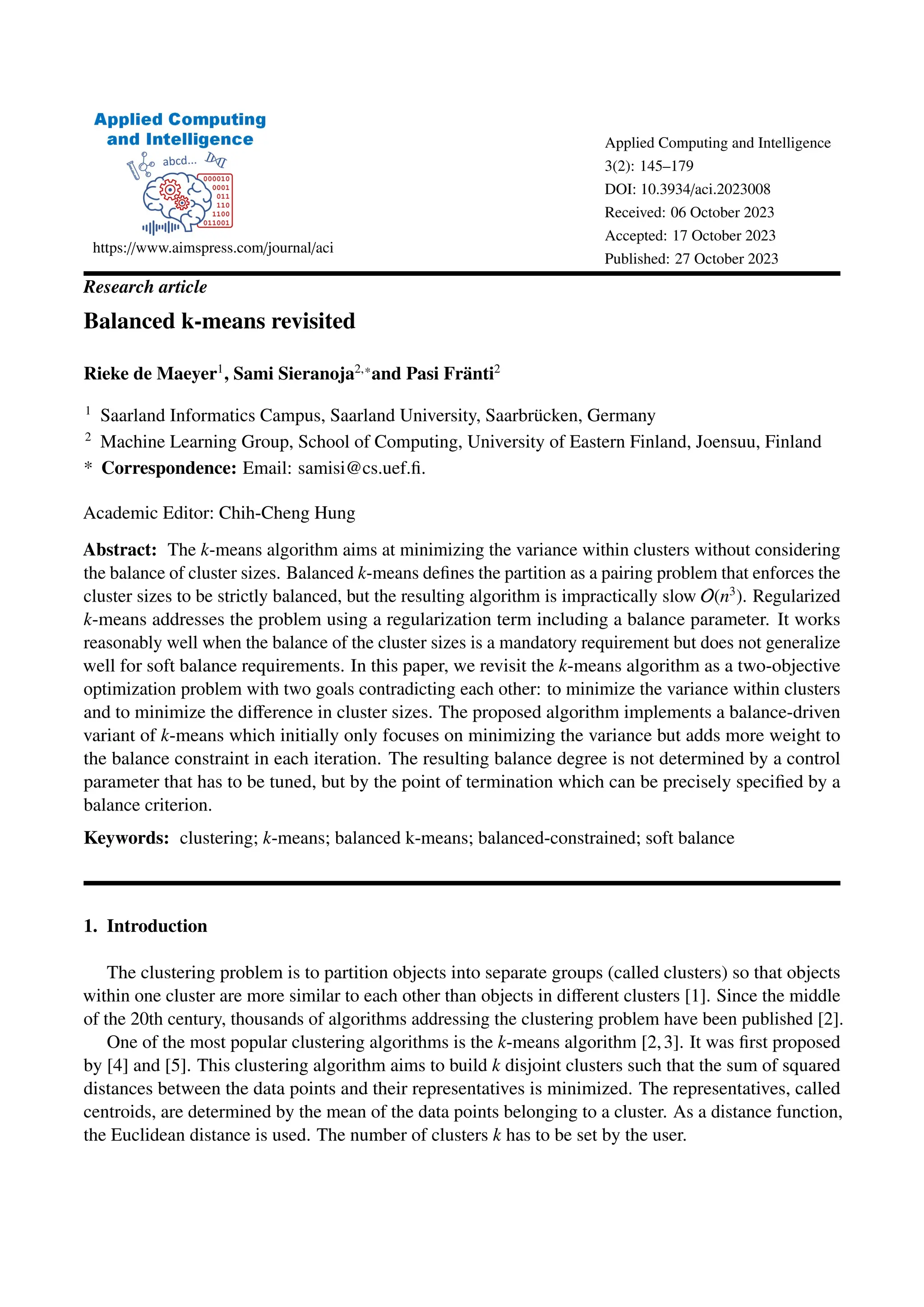 Balanced k-means revisited. Energy saving algorithms in sensor equipped gadgets | PDF