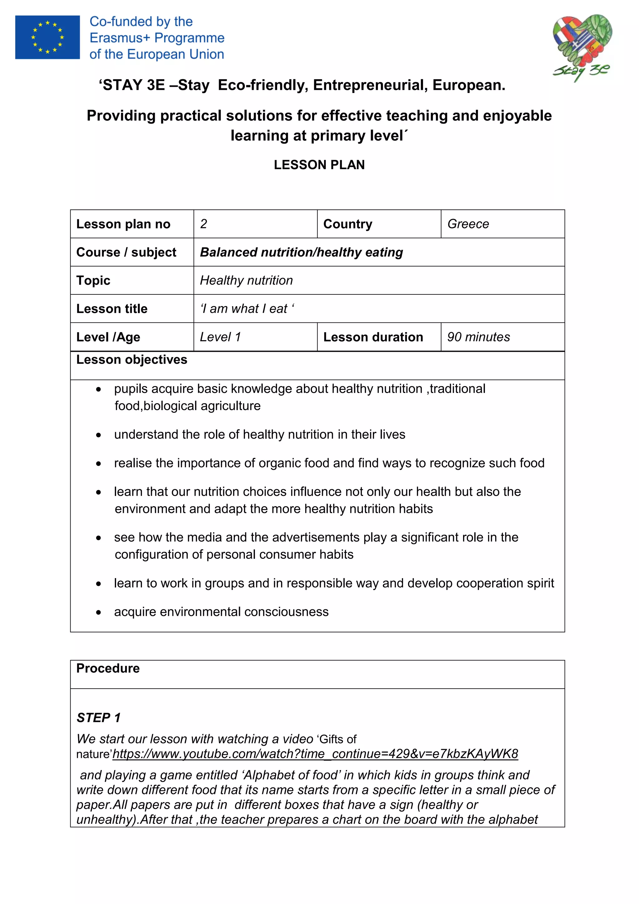 STAY 3E Balanced nutrition lesson plans' book | PDF