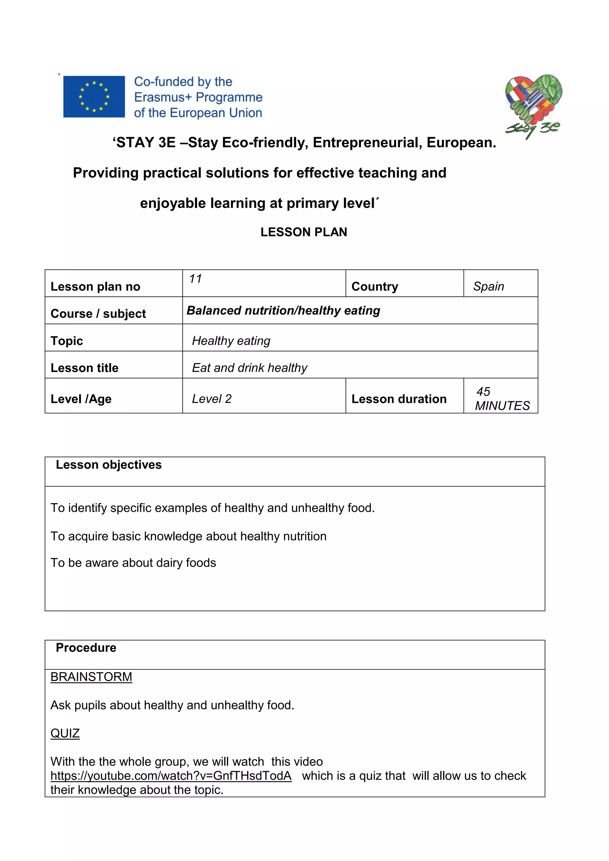STAY 3E Balanced nutrition lesson plans' book | PDF