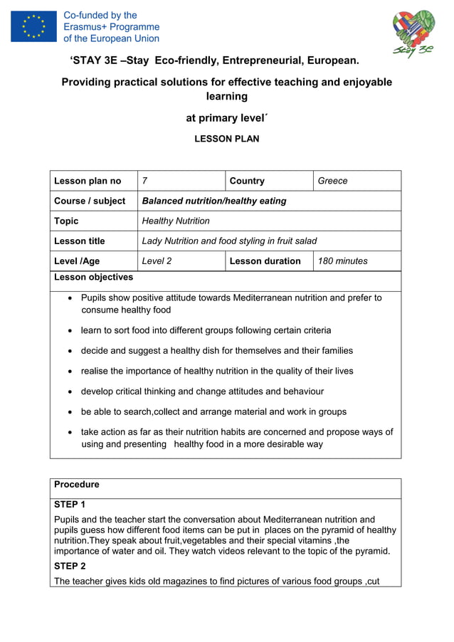 STAY 3E Balanced nutrition lesson plans' book | PDF