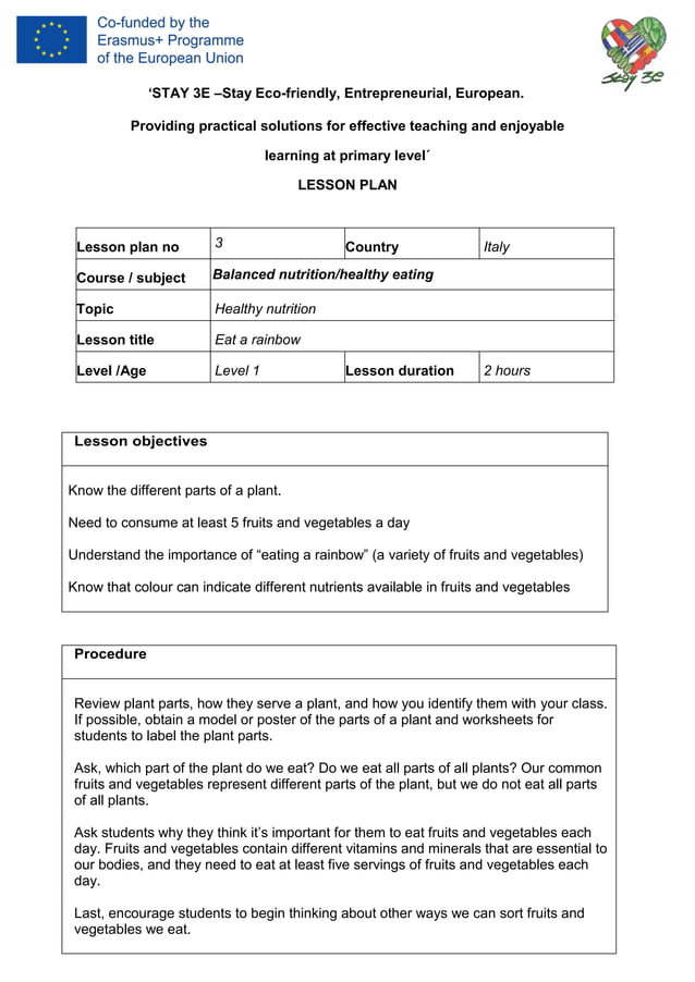 STAY 3E Balanced nutrition lesson plans' book | PDF