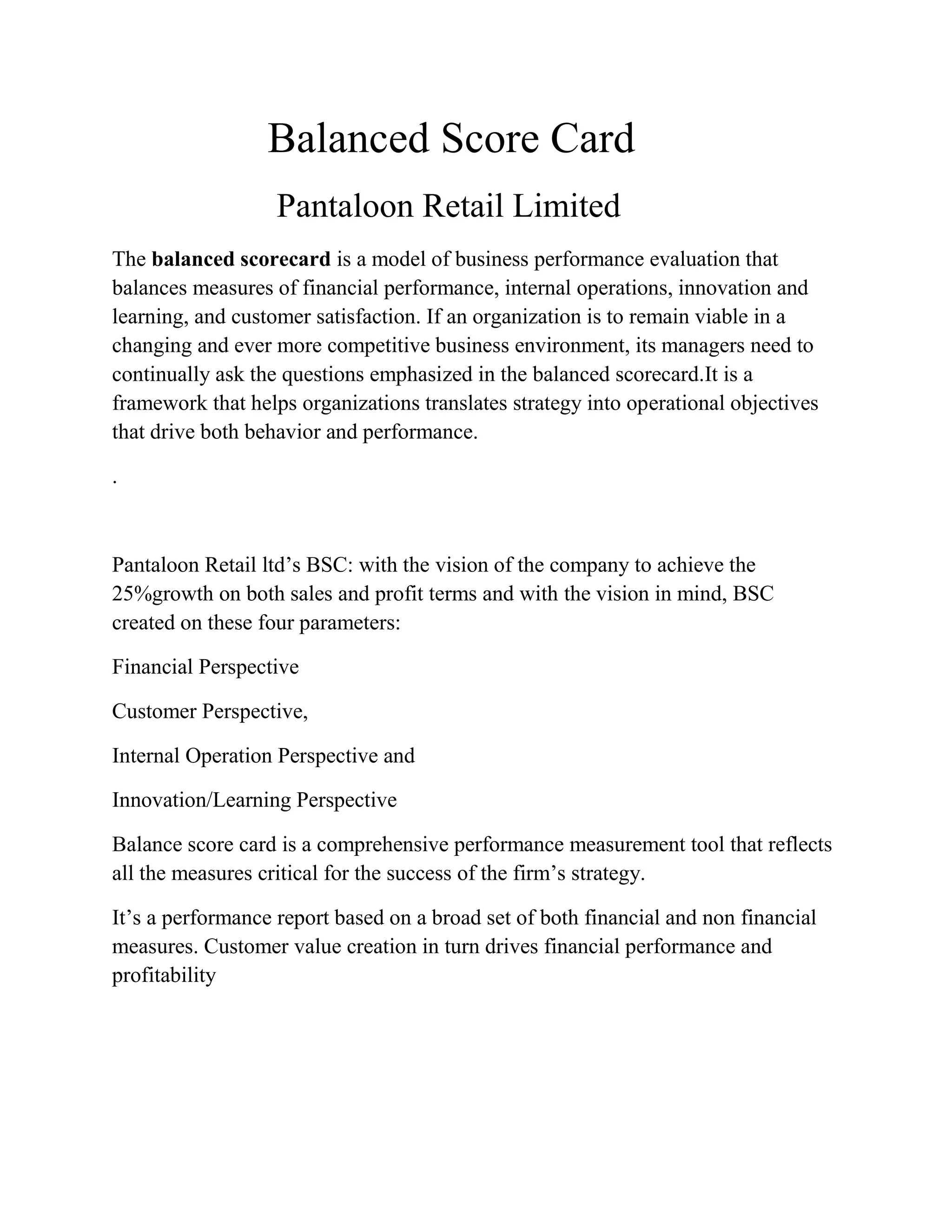 Balanced score card pantaloon retail limited | DOCX