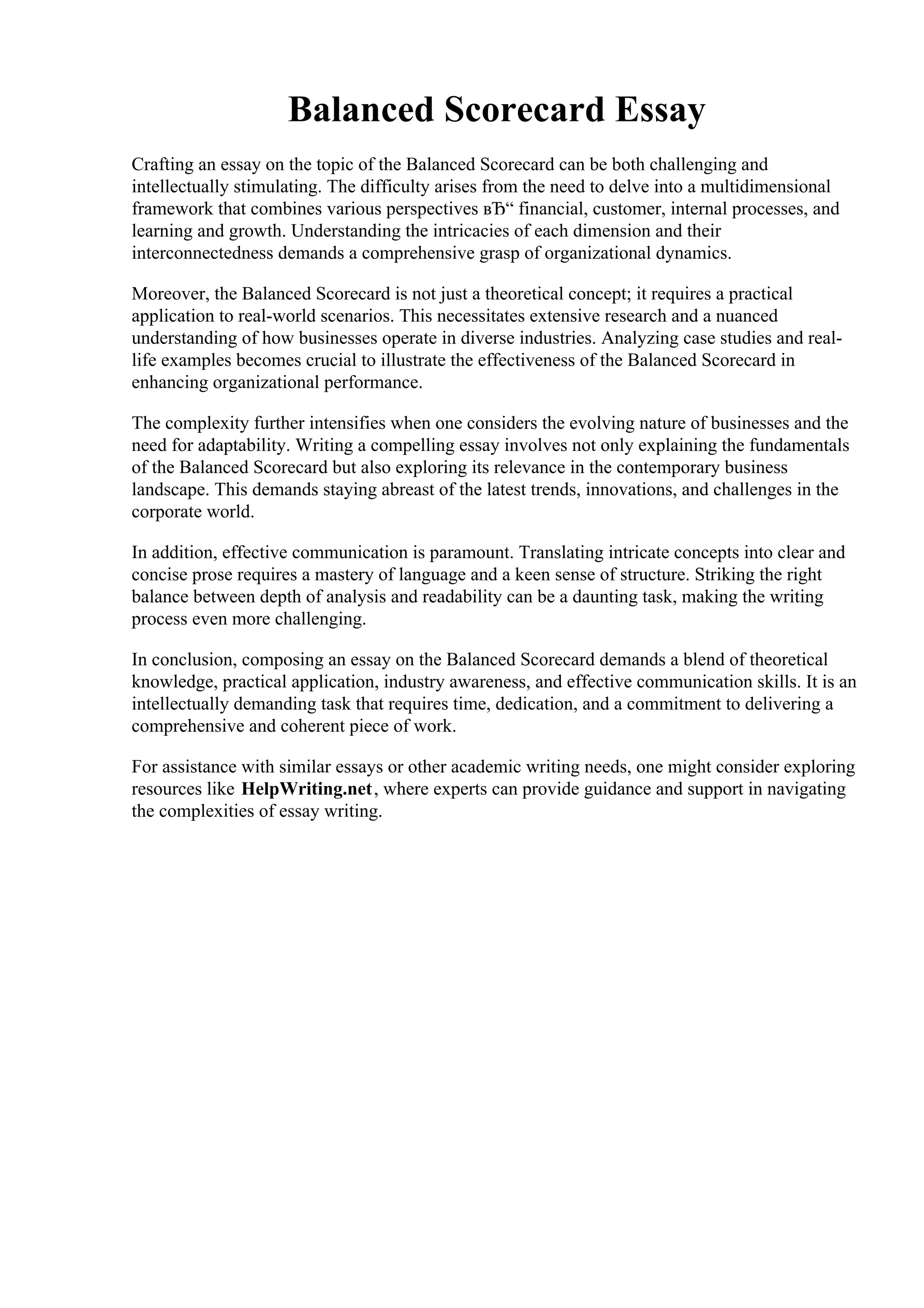 Balanced Scorecard Essay. Balanced scorecard in restaurant Essay ...