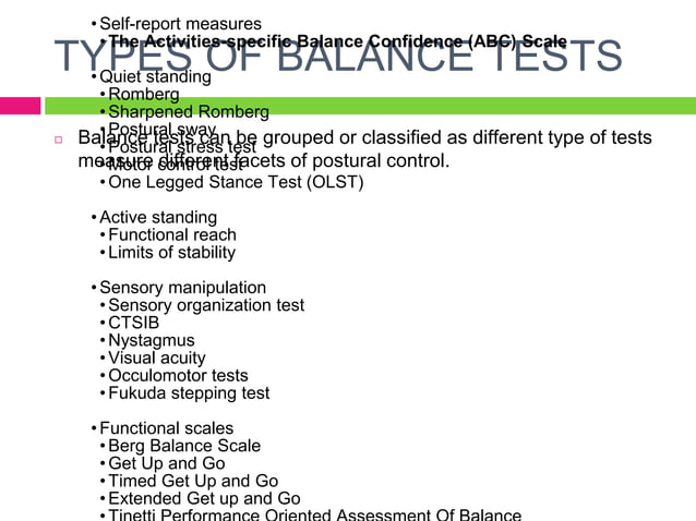 BALANCE ASSESSMENT .pptx | Physical Therapy | Wellness