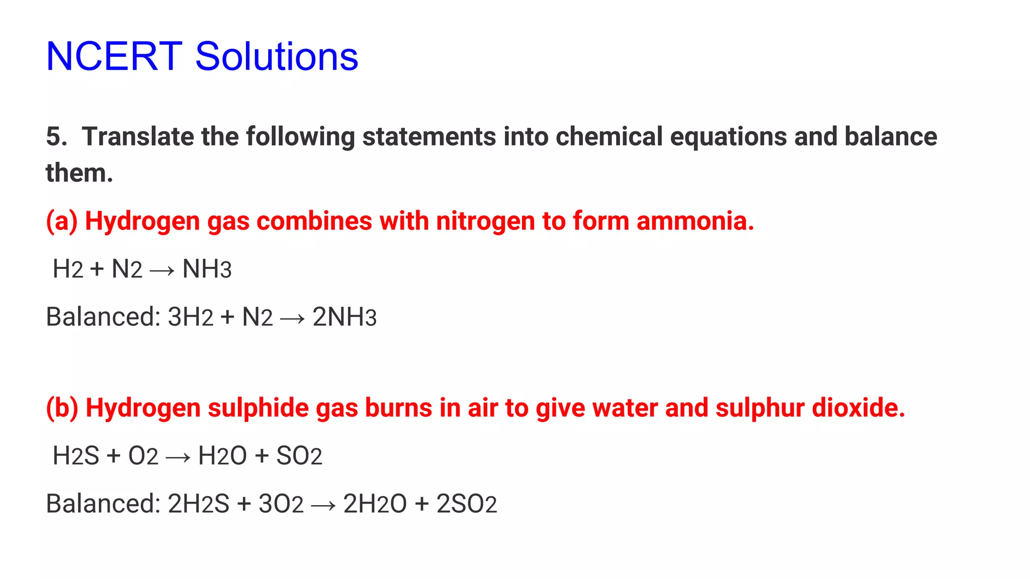 Balancing chemical equations - NCERT textbook question of exercise | PPTX