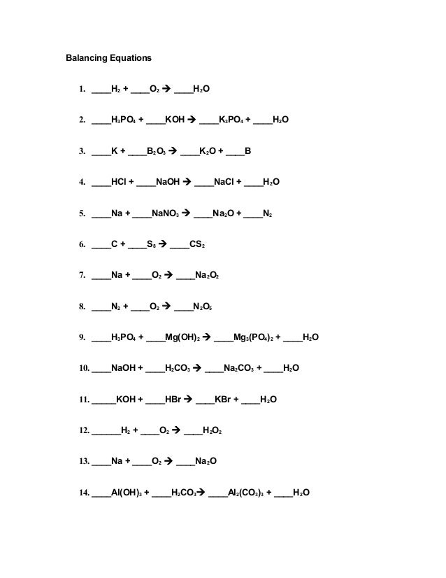 Balancing Equations Worksheet Balancing Equations Worksheet