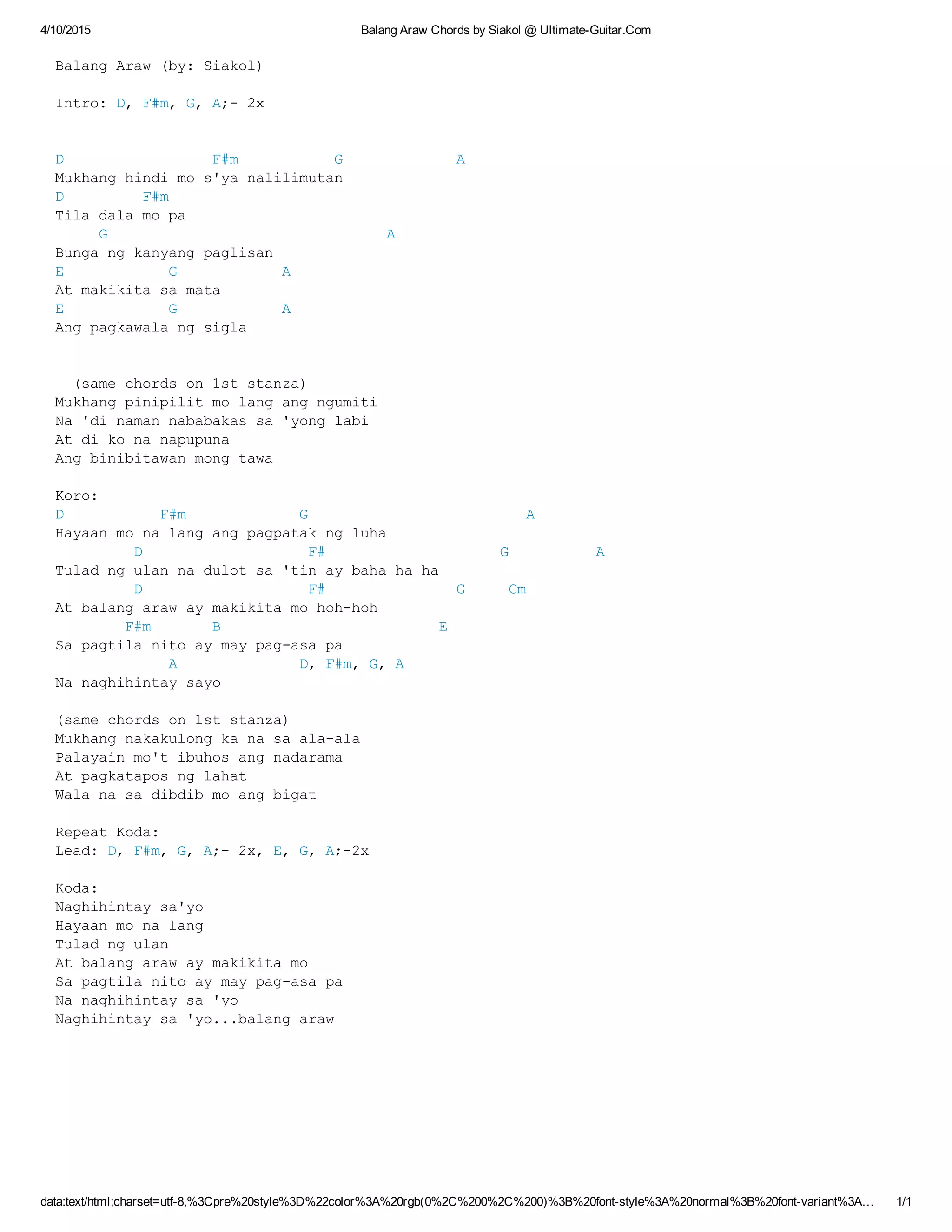 Balang araw chords by siakol @ ultimate guitar | PDF