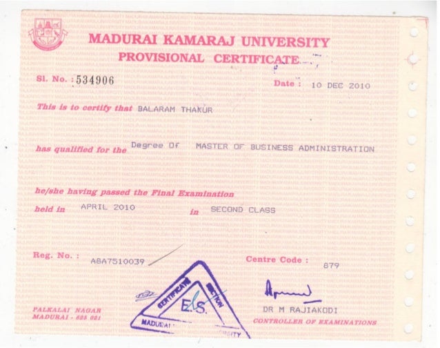 Balaram MBA - Certificate from Madurai Kamaraj University DDE