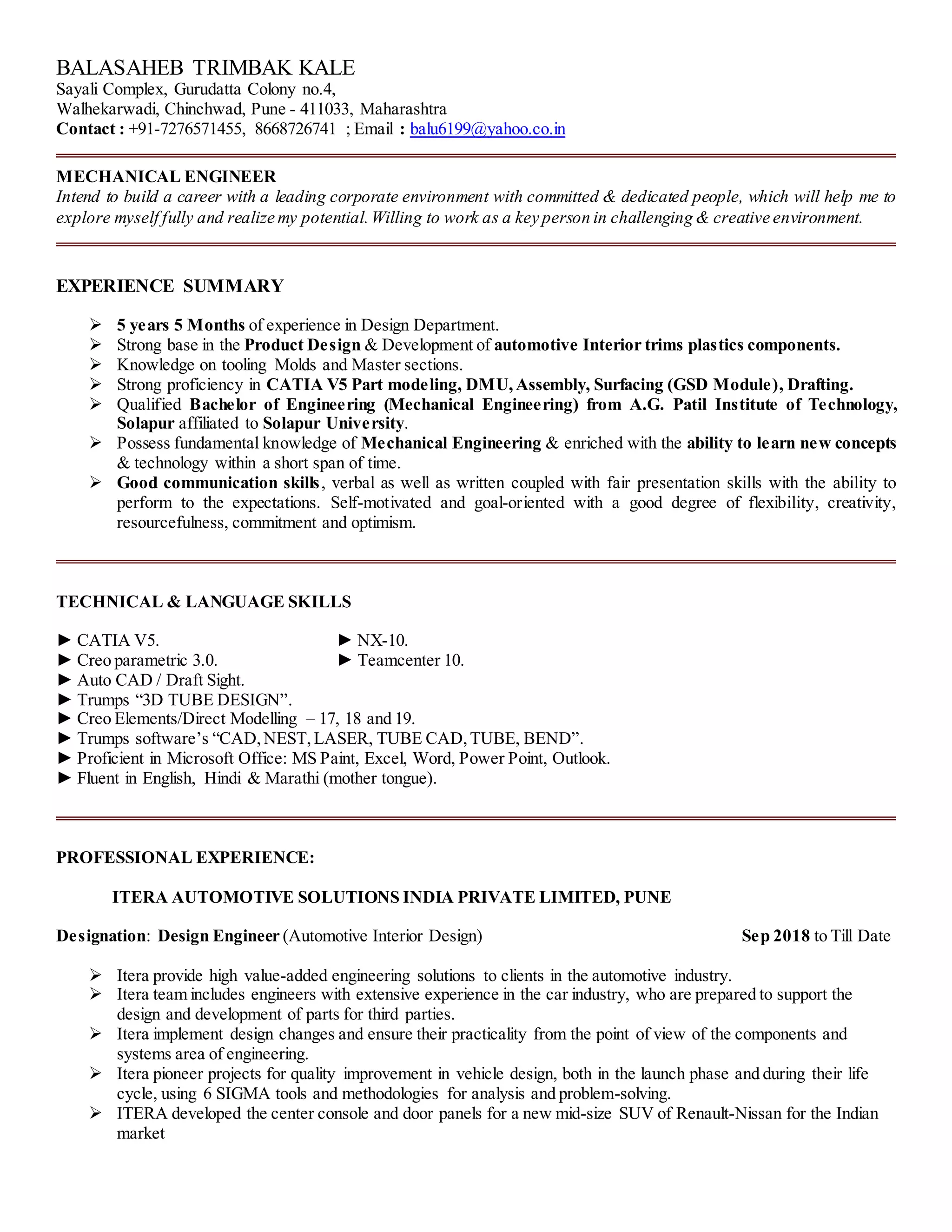 Balasaheb kale 5.5 latest resume | DOC