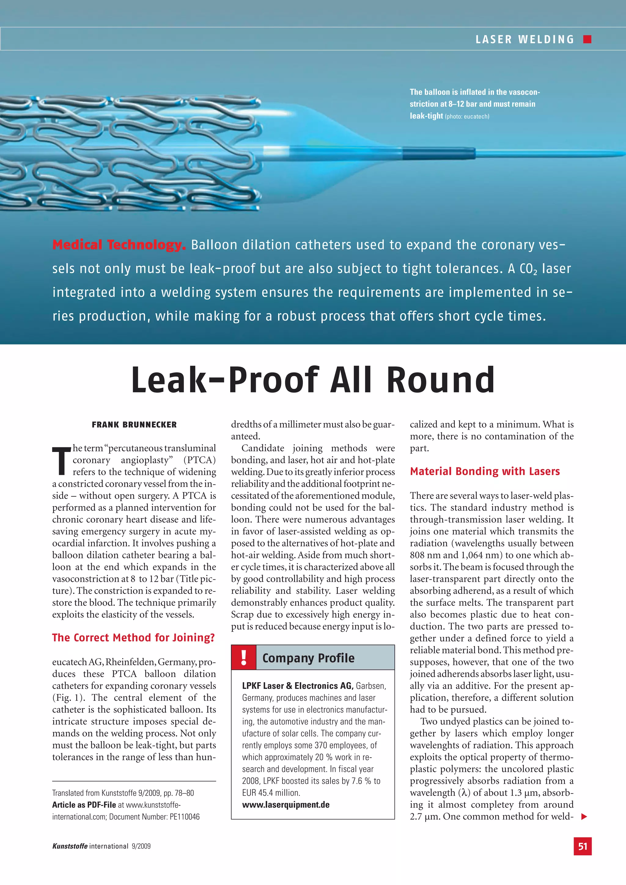 Balloon Dilation Catheters via Laser Plastic Welding | PDF