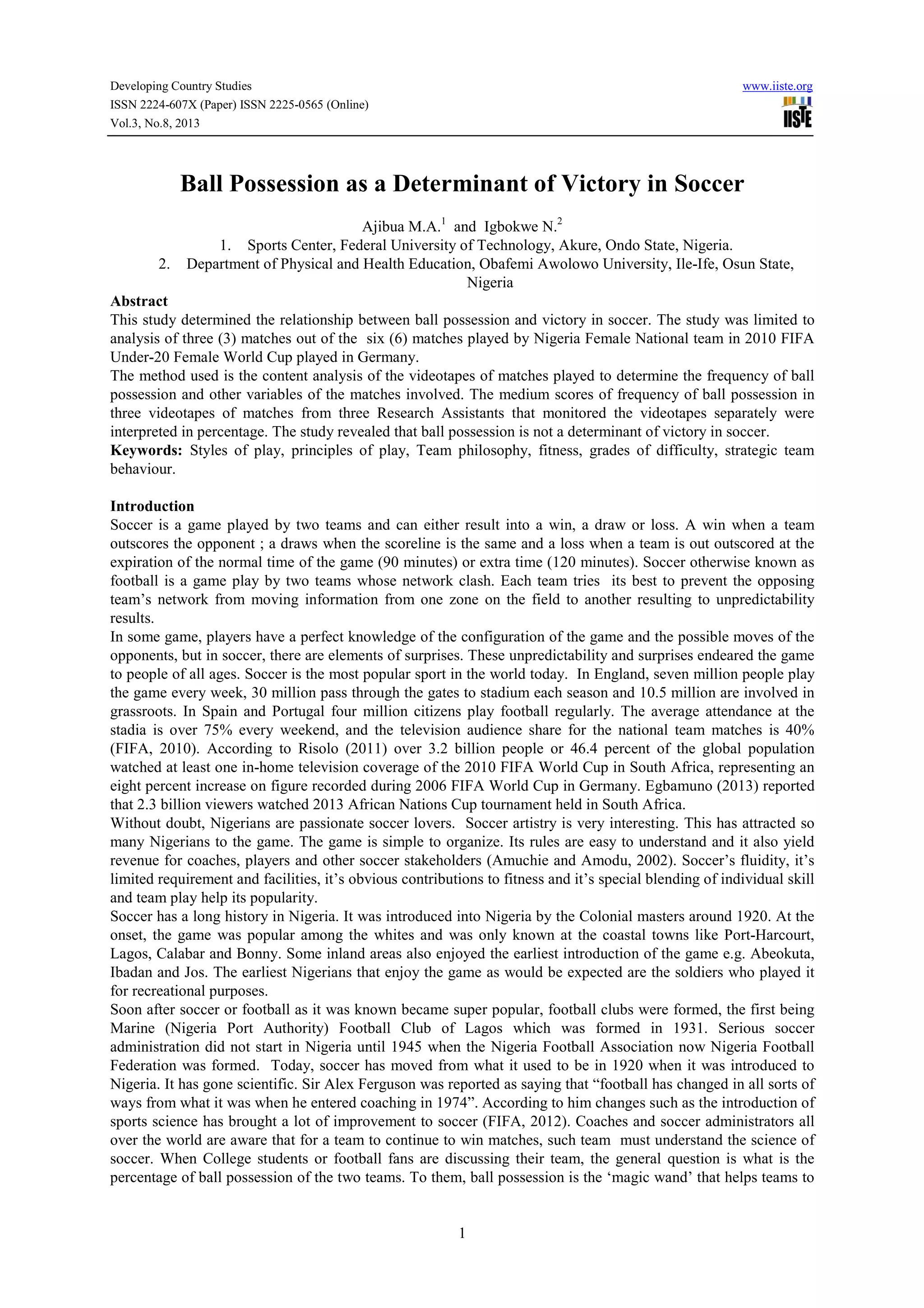Ball possession as a determinant of victory in soccer | PDF