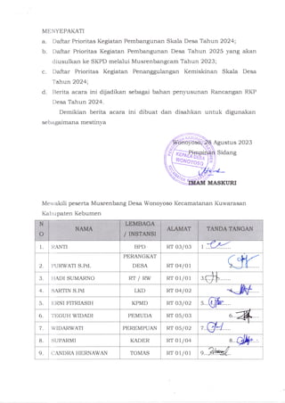 MUSRENBANGDES PENYUSUNAN RKP DESA TAHUN TAHUN 2024 | PDF