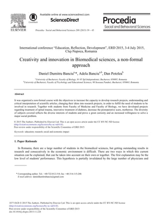 Creativity and innovation in Biomedical sciences, a non-formal approach | PDF | Educational ...
