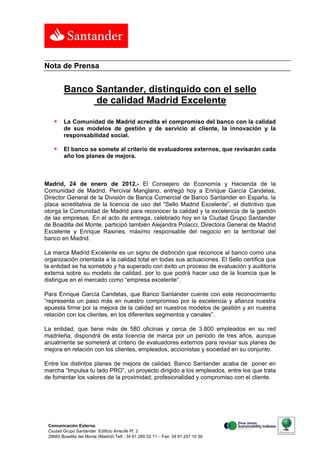Banco Santander, distinguido con el sello de calidad Madrid Excelente | PDF