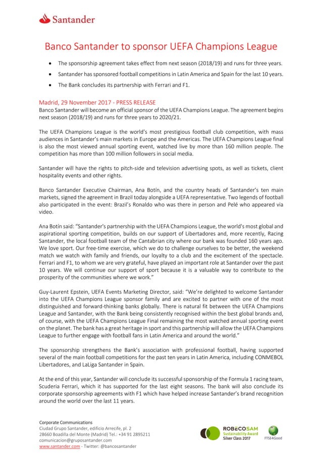 Banco Santander to Sponsor UEFA Champions League (38 characters | PDF