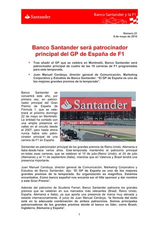 Banco Santander será patrocinador principal del GP de España de F1 | PDF