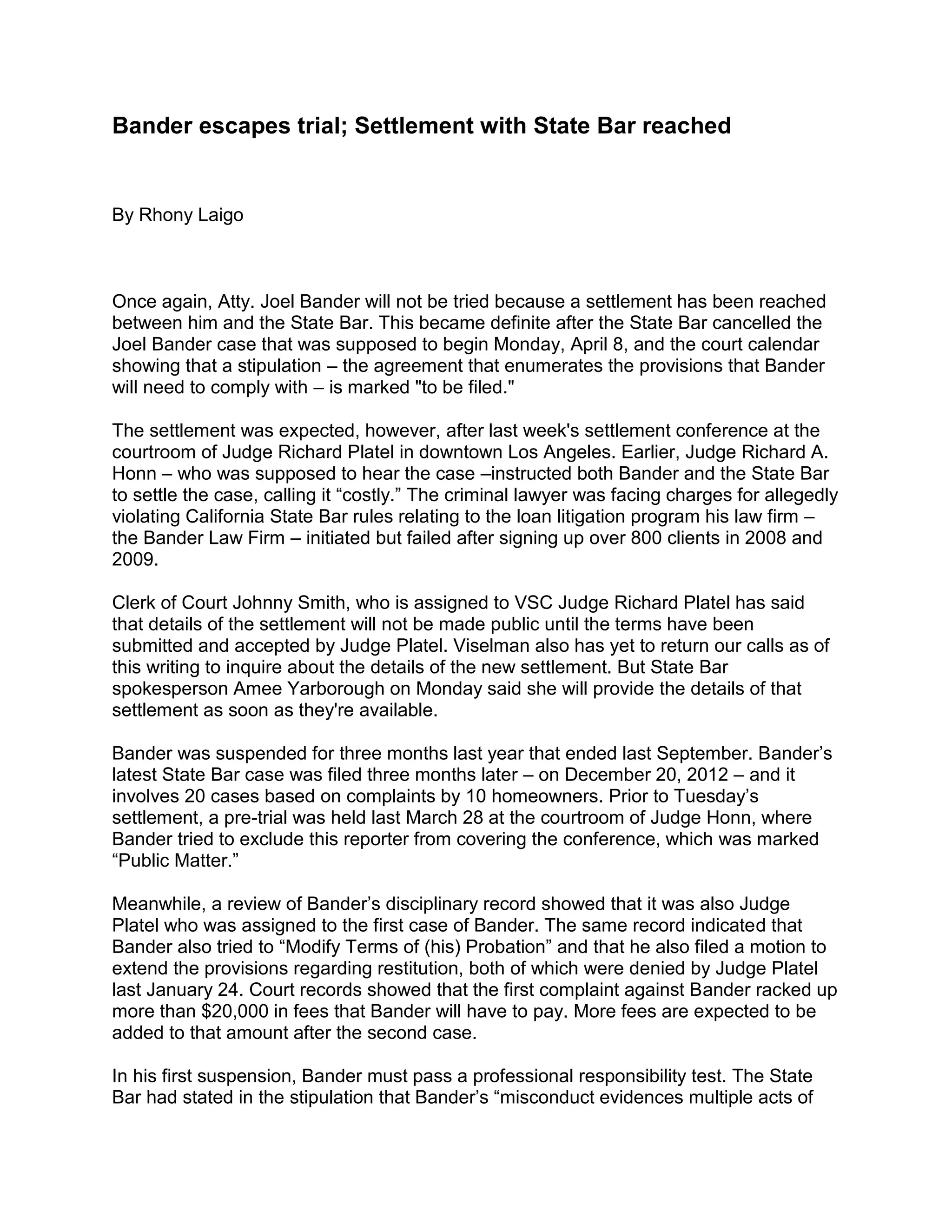 Bander escapes trial | DOCX