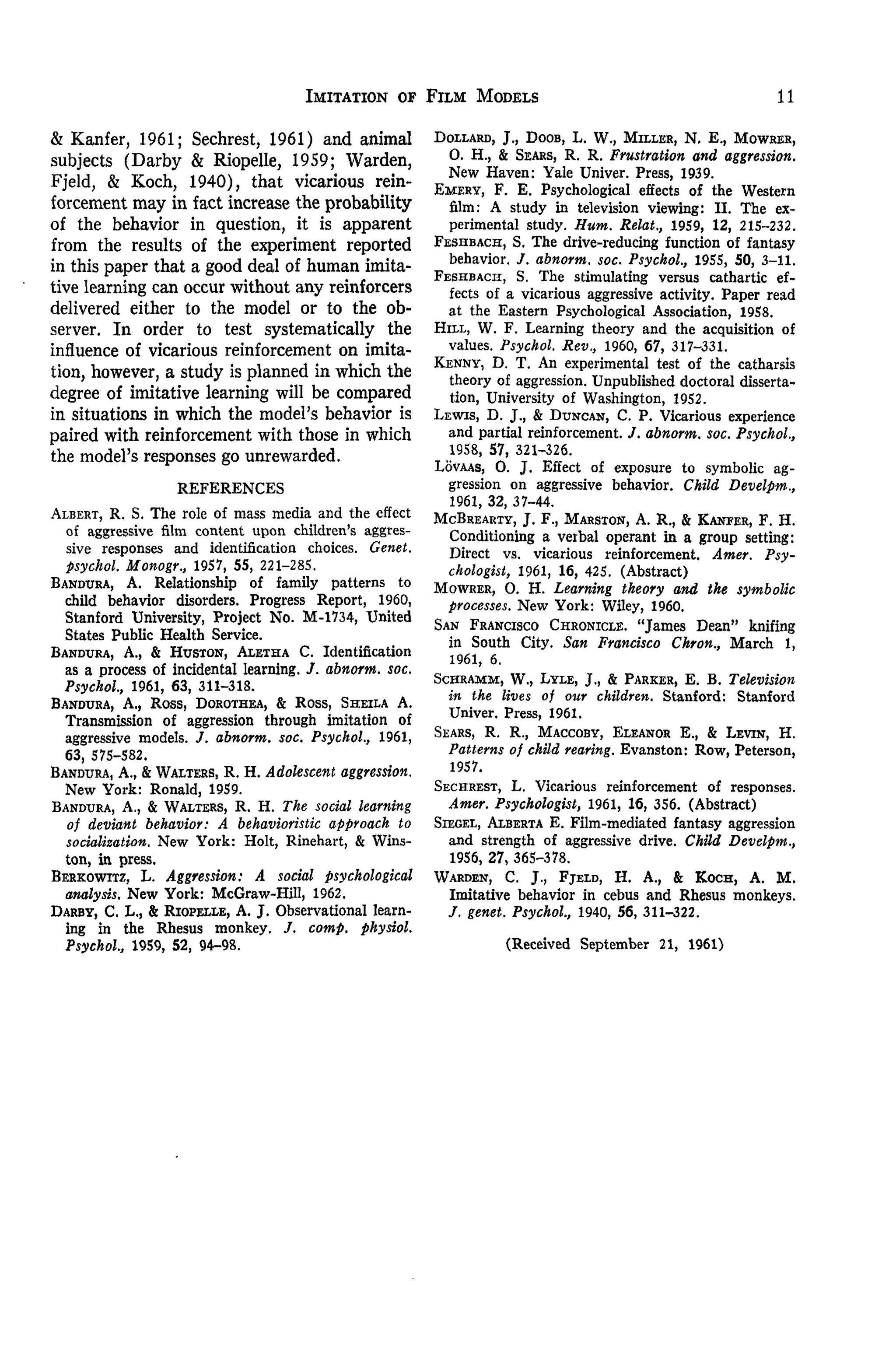 Bandura, Ross i Ross (1961) experiment pdf | PDF