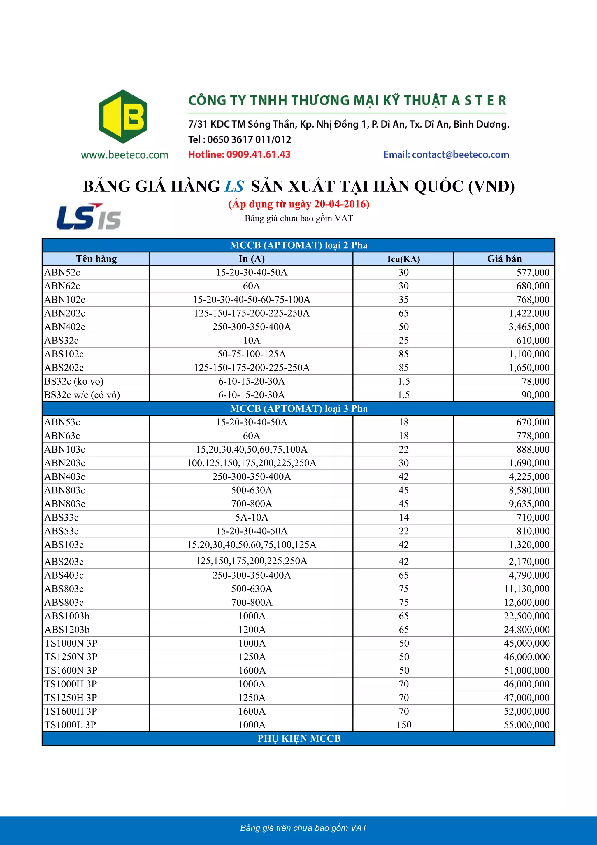 Bảng giá Thiết bị Điện LS - Beeteco.com