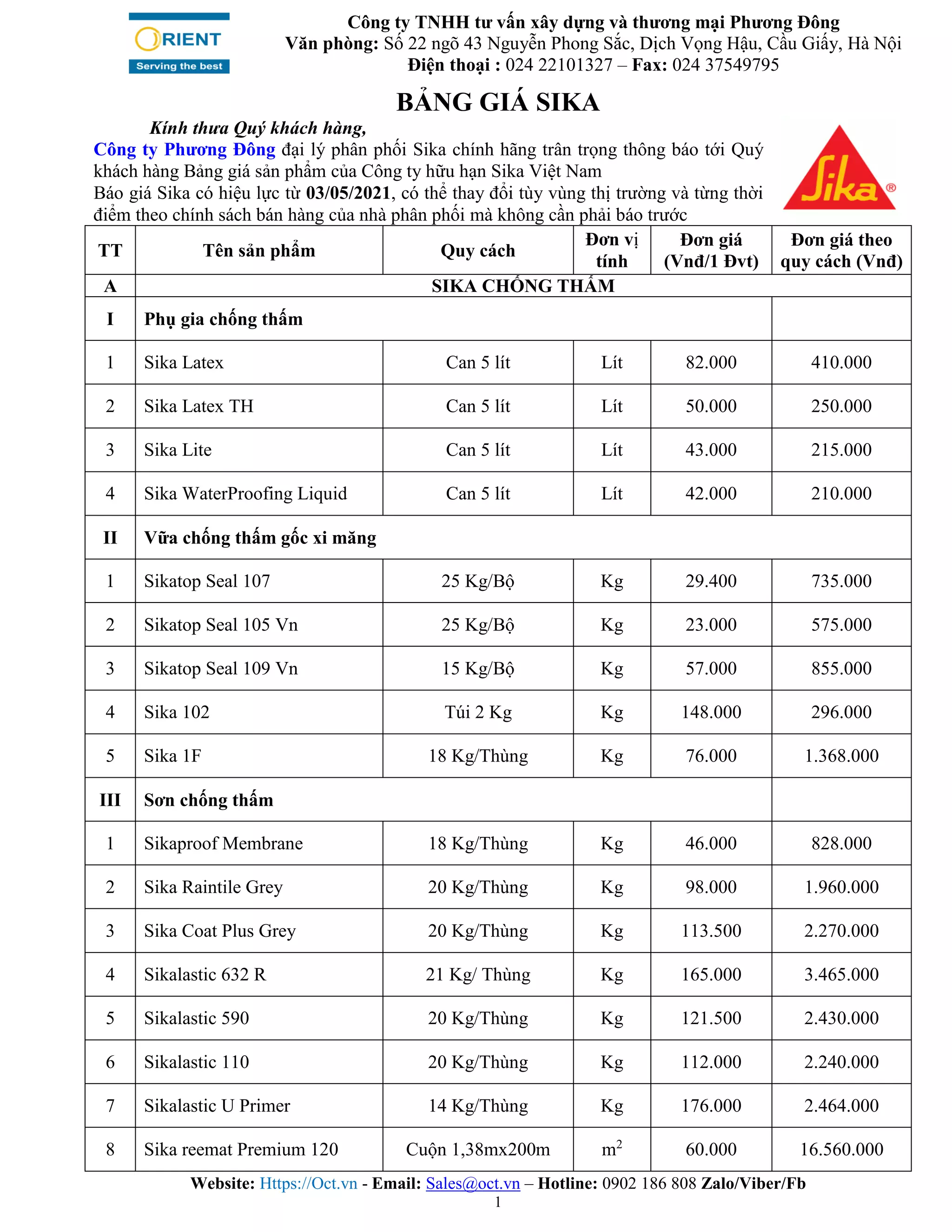 Bảng báo giá Sika | PDF